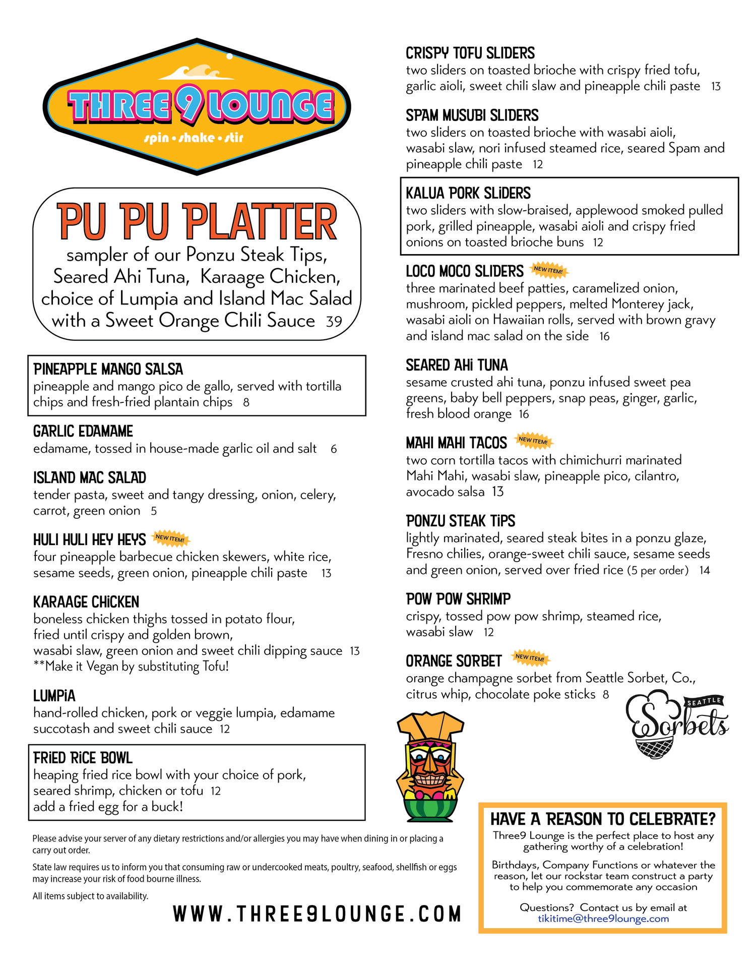 Tiki Menu Food and Drinks — Three 9 Lounge