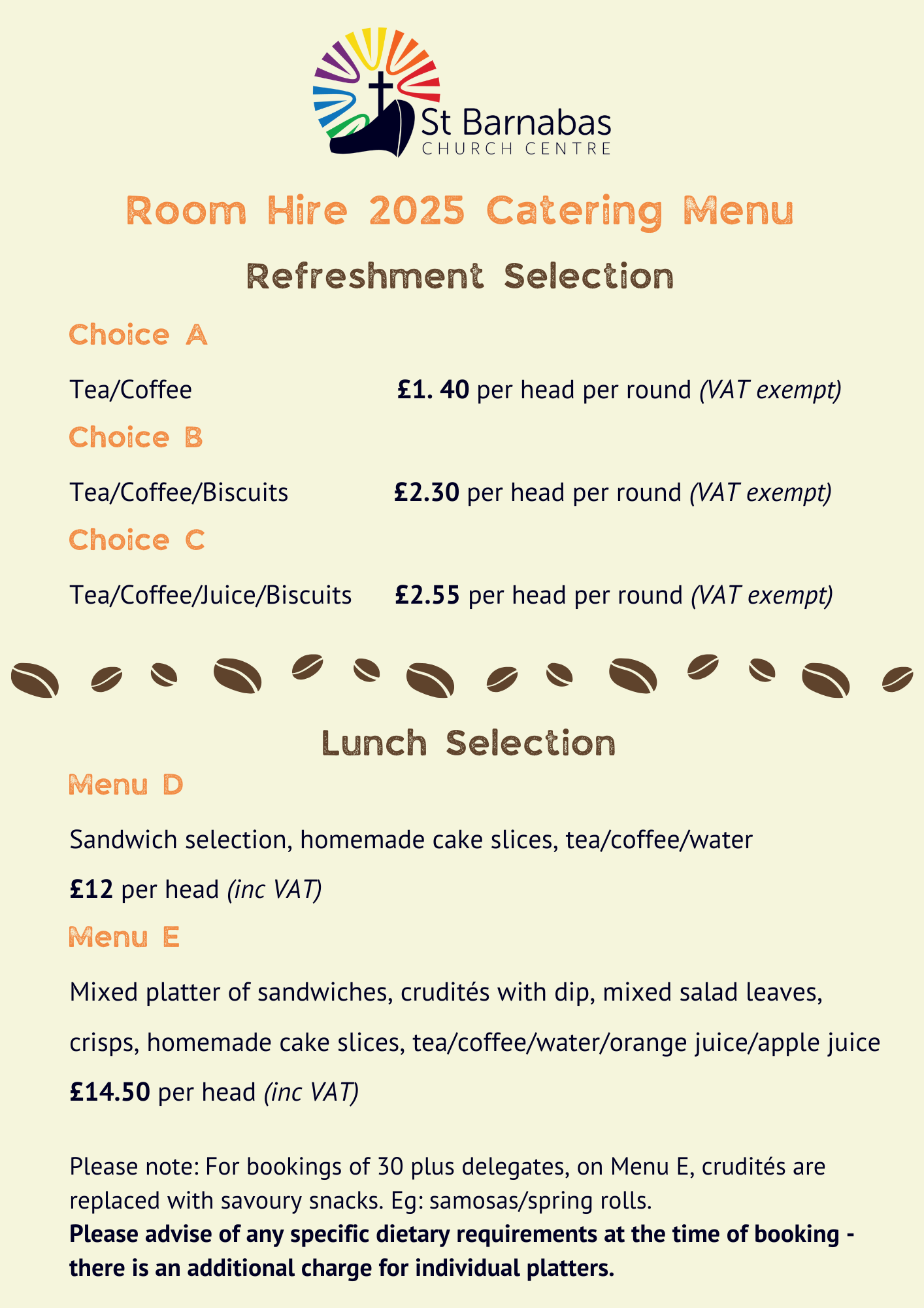 Catering Menu — St Barnabas Church Centre, Erdington