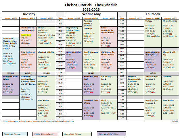 Course Schedule — Chelsea Tutorials