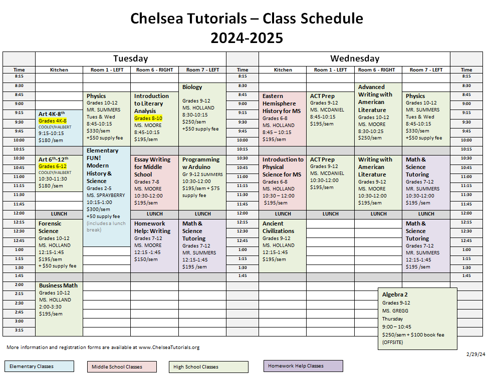 Course Schedule — Chelsea Tutorials