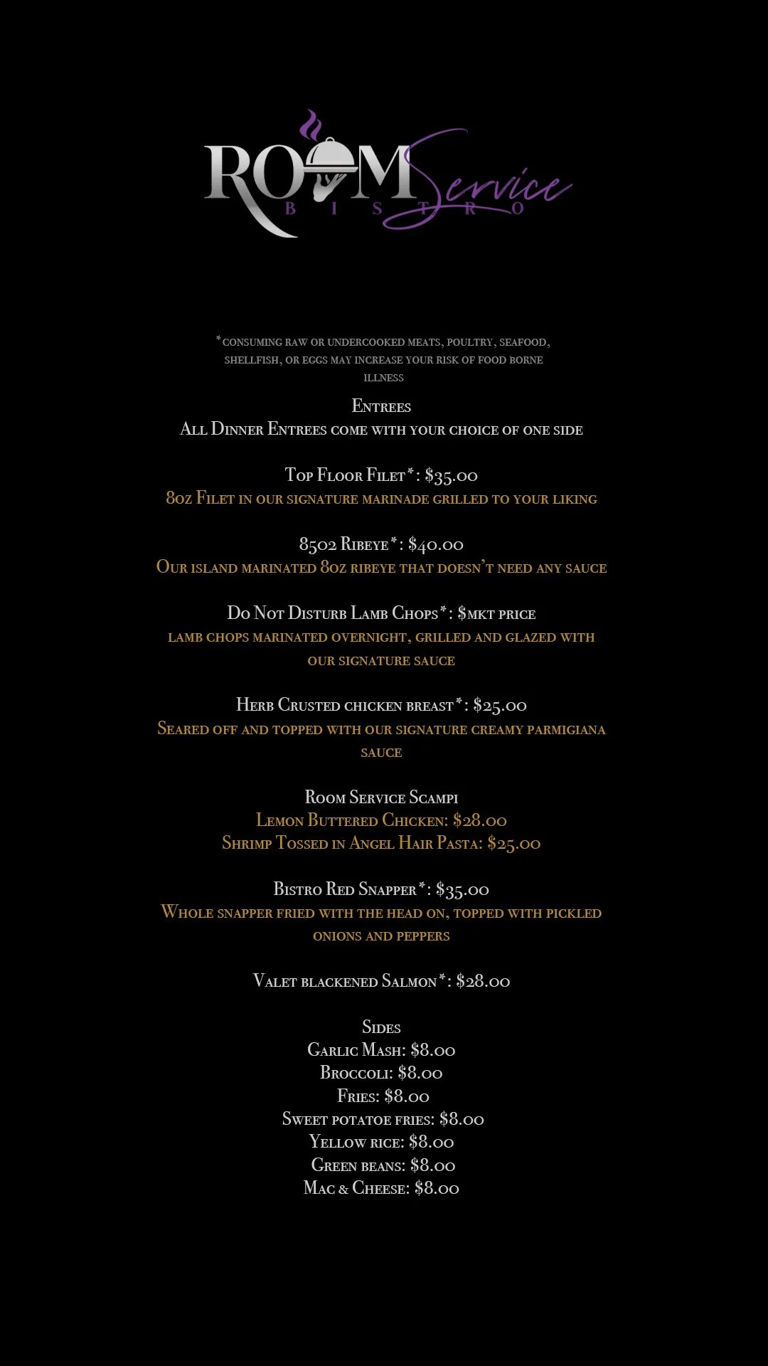 Menu — Room Service Bistro