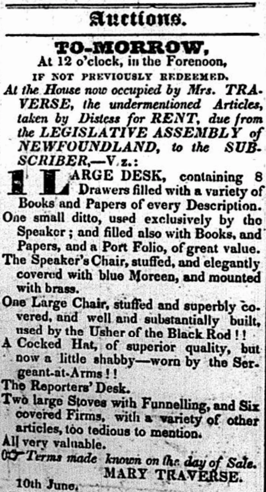 Mary Travers Sells The Speaker’s Chair — Product of Newfoundland