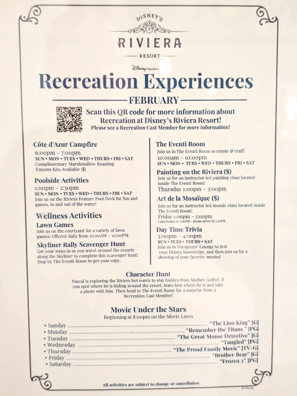 Disney's Riviera Resort Activity Calendar Archive — Magical Resort Guide