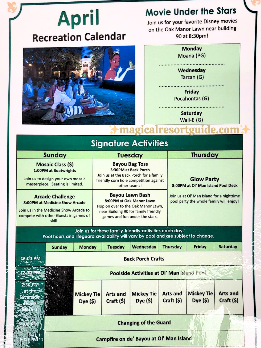 Disney Port Orleans Riverside Resort Activity Calendar Archive — Magical Resort Guide
