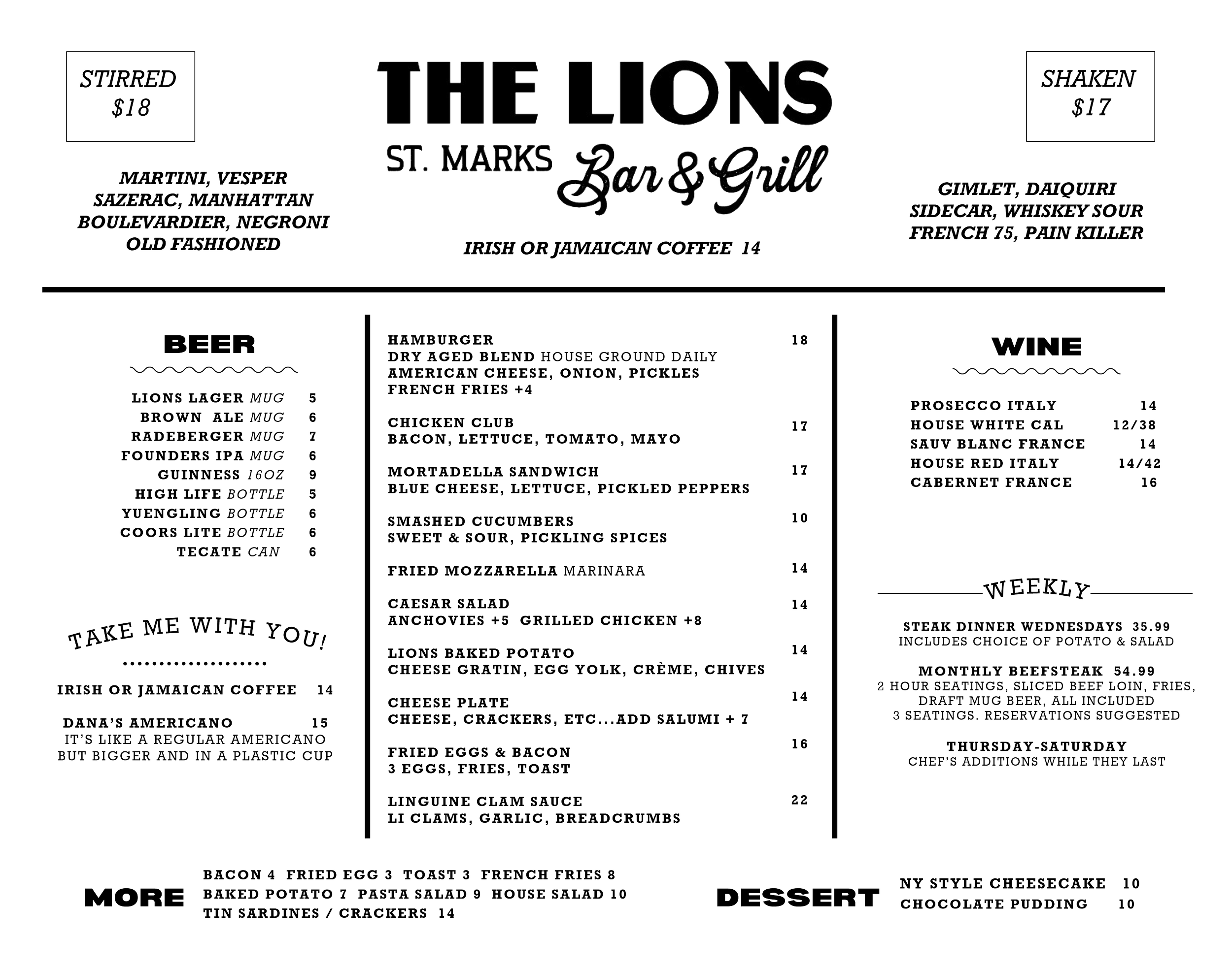 Menu — The Lions Bar