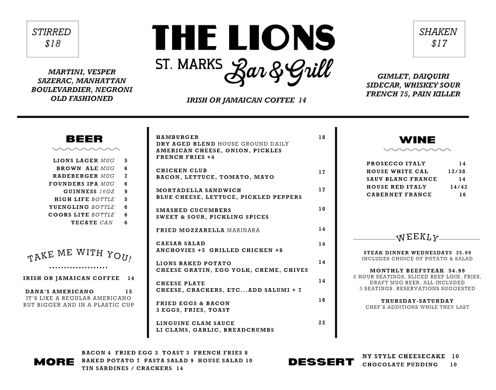 Menu — The Lions Bar