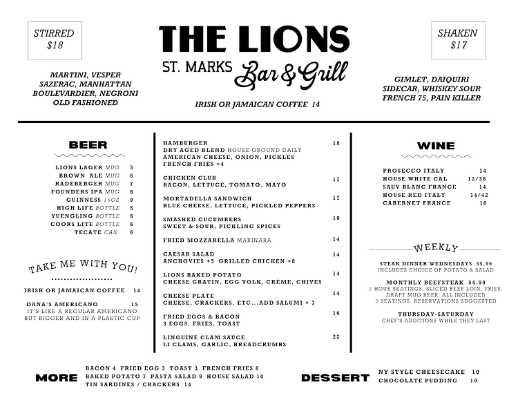Menu — The Lions Bar