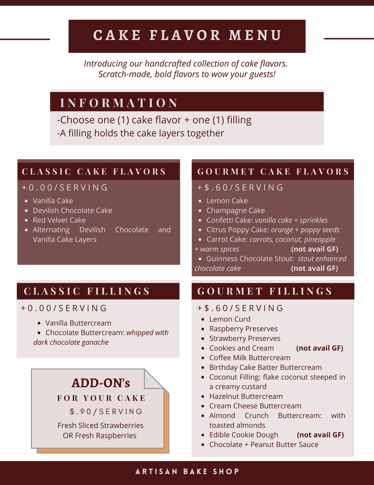 Cake Flavor Menu — Artisan Bake Shop