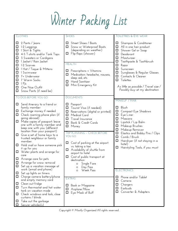Winter Vacation Packing List — Mostly Organized