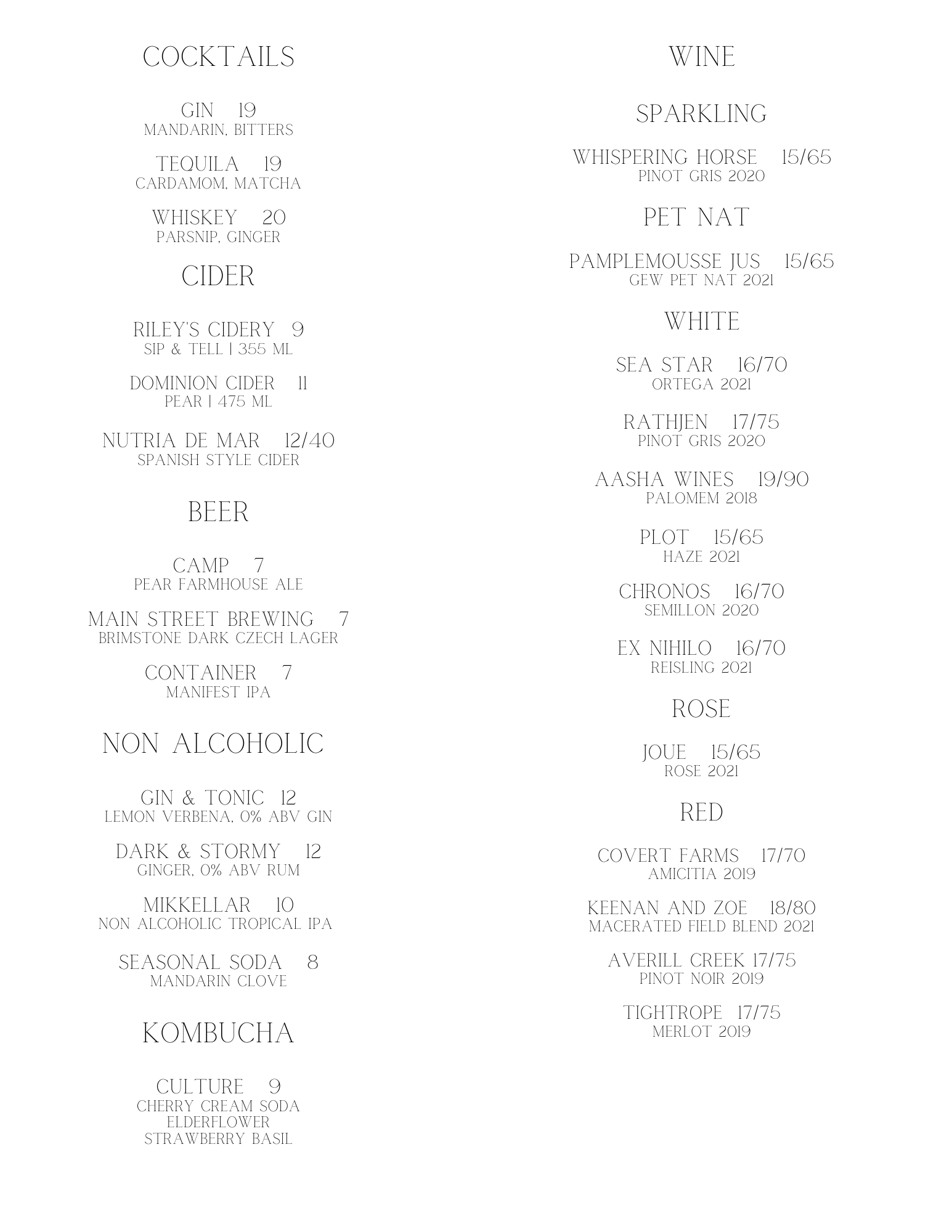 Drink Menu — Folke Restaurant