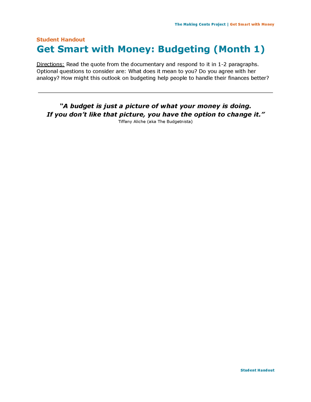 Get Smart with Money Documentary: Student Handout Budgeting Quote ...