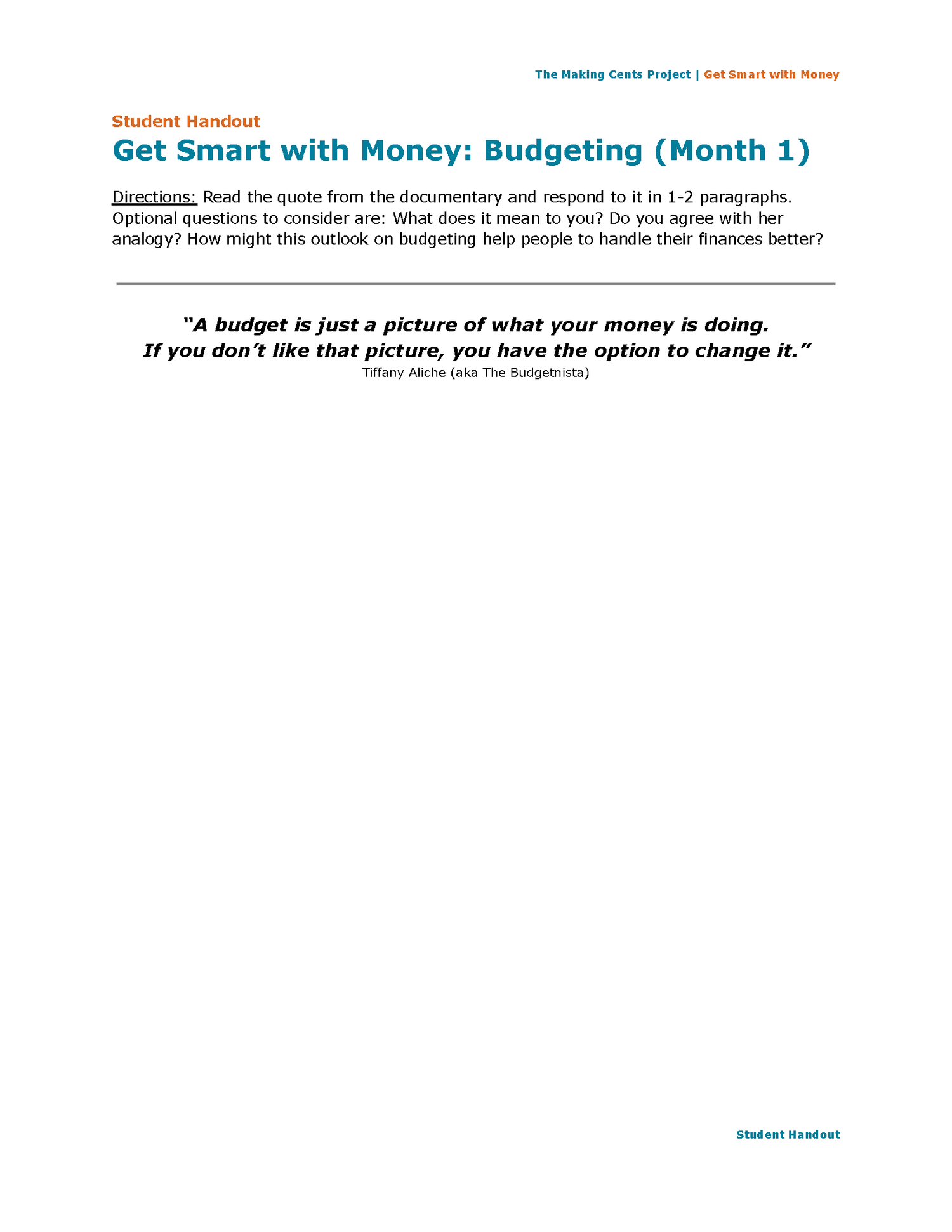 Get Smart with Money Documentary: Student Handout Budgeting Quote ...