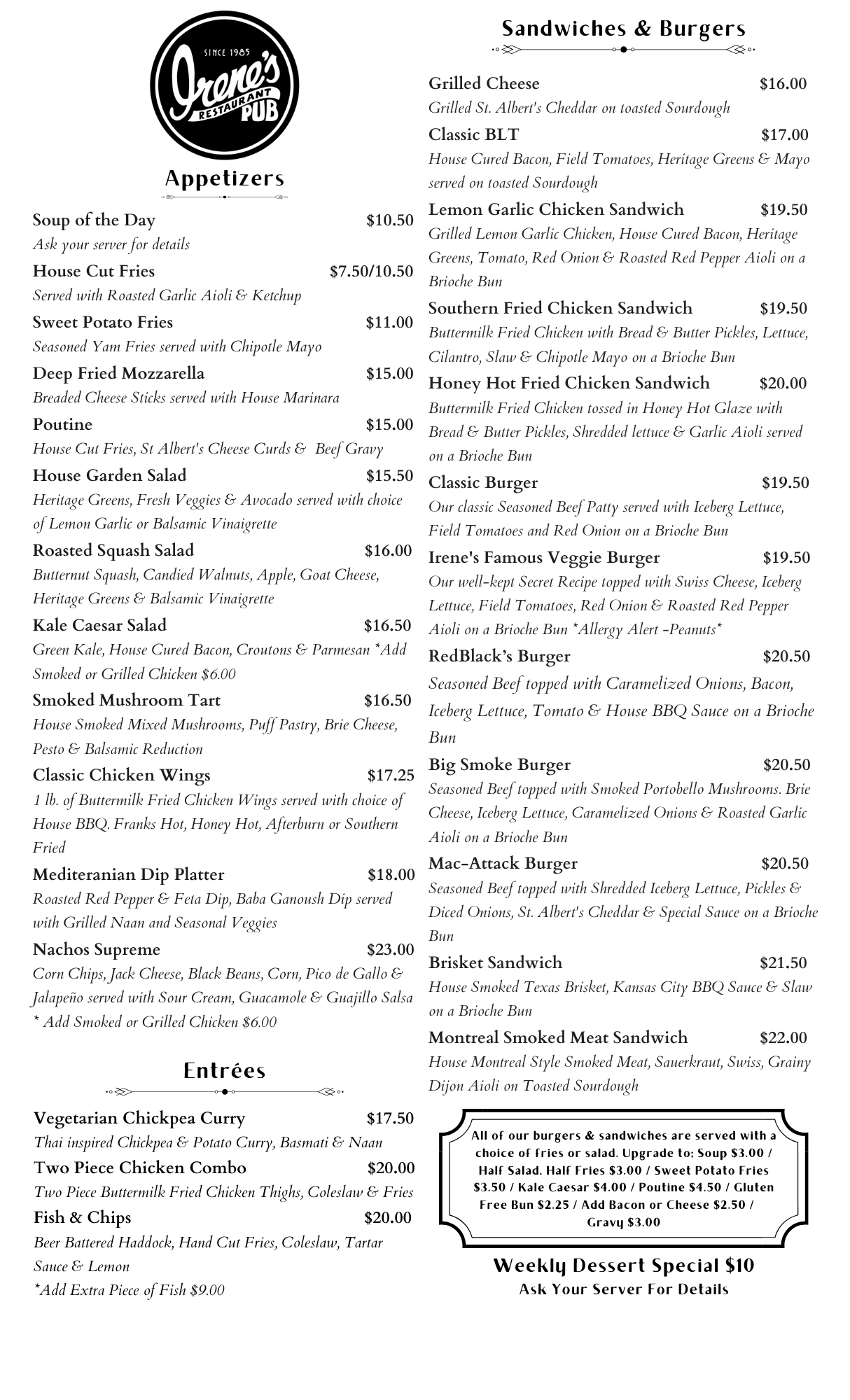 Menu — Irene's Pub