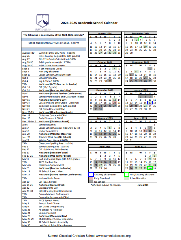 Calendar — Summit Classical Christian School