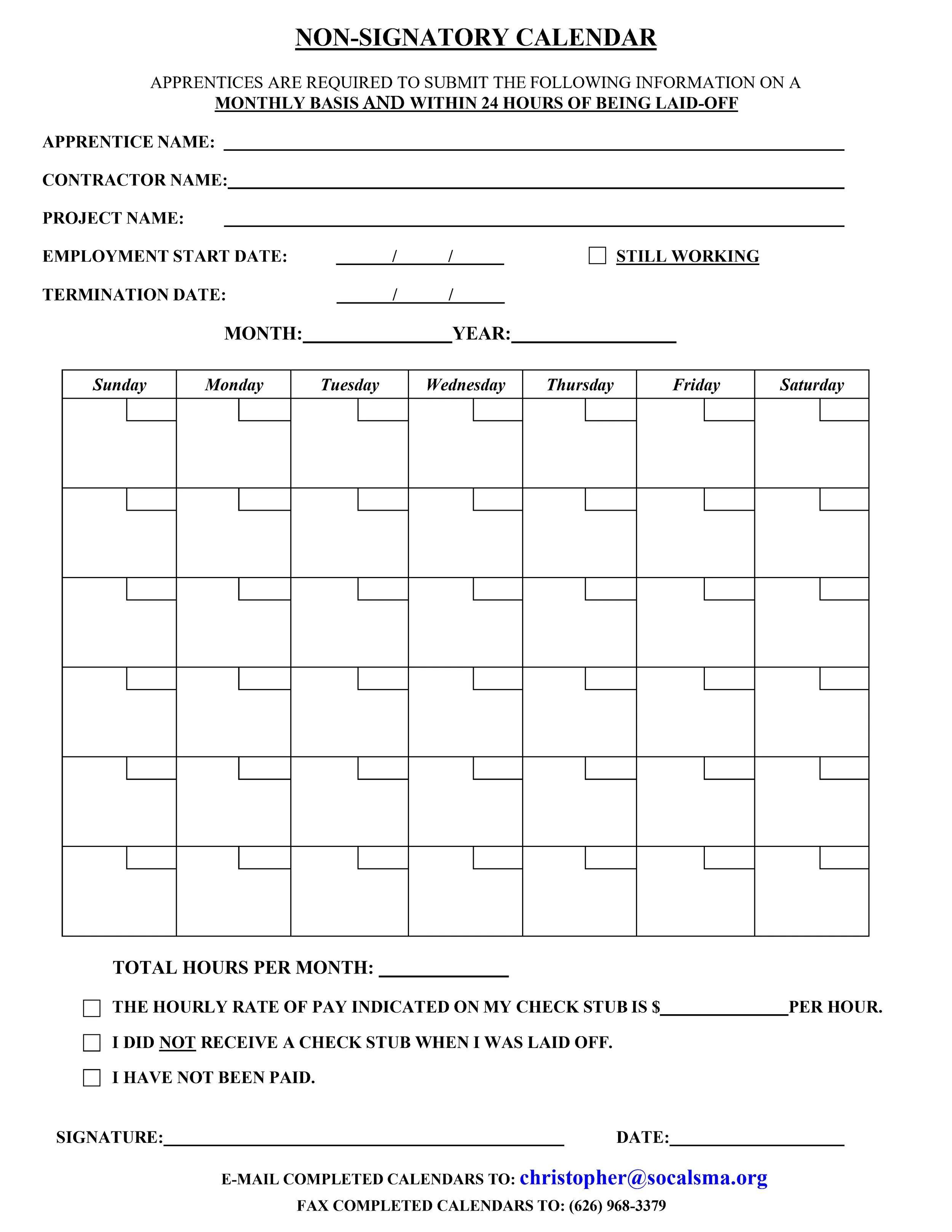 Non Sig Calendar — Sheet Metal Apprenticeship