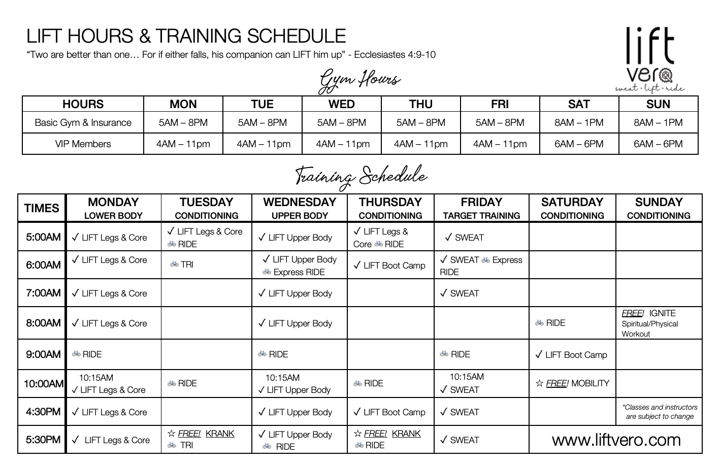 Schedule — Lift Vero | Vero Beach, FL