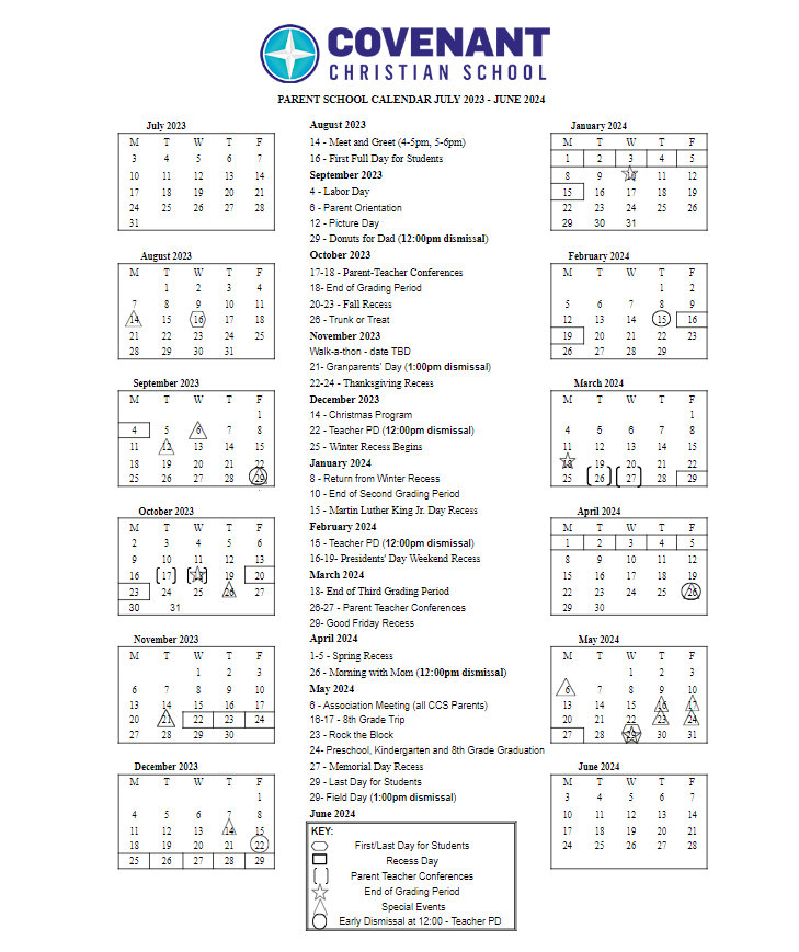 School Calendar — Covenant Christian School | Michiana's Premier ...