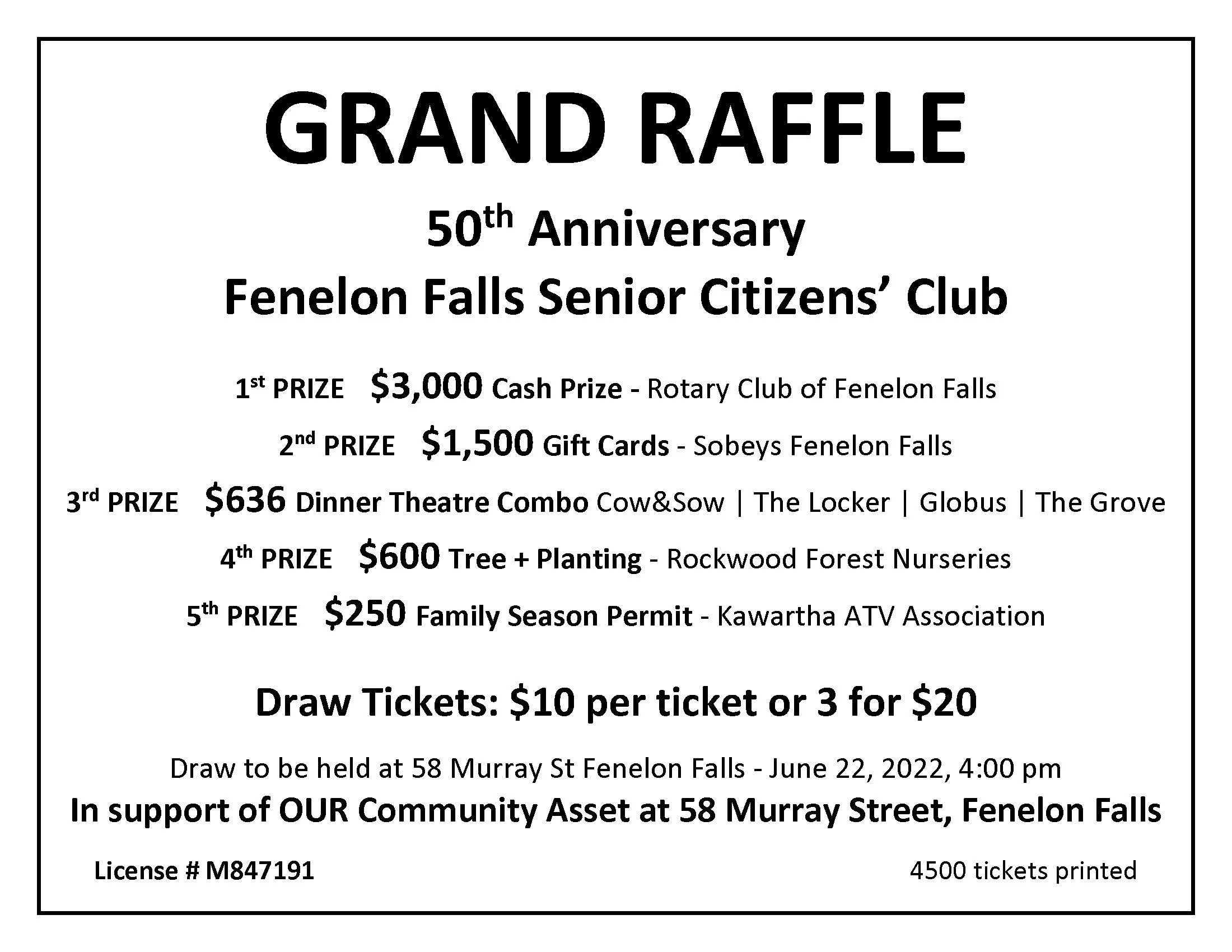Grand Raffle Tickets — Fenelon Falls Senior Centre