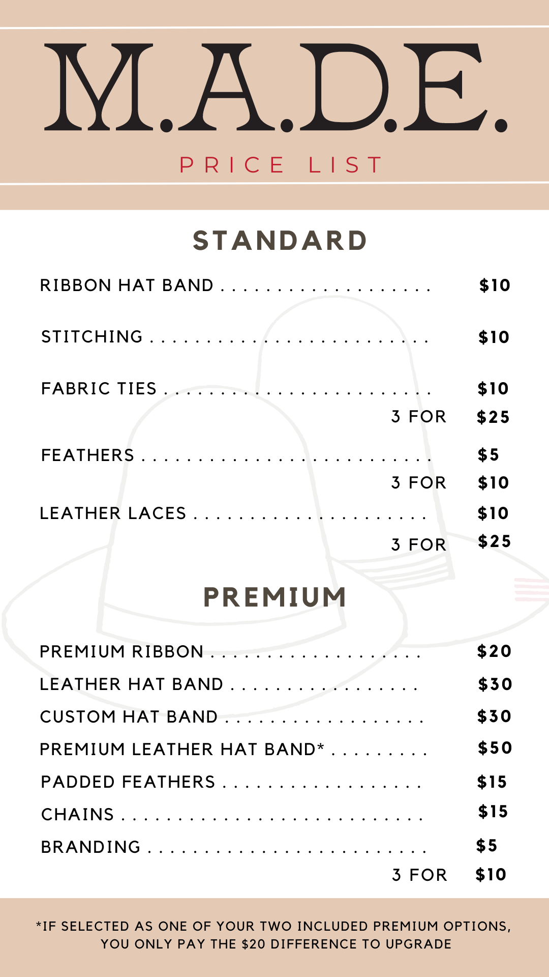 M.A.D.E. Price List — Sanders Hat Company & M.A.D.E. Nashville