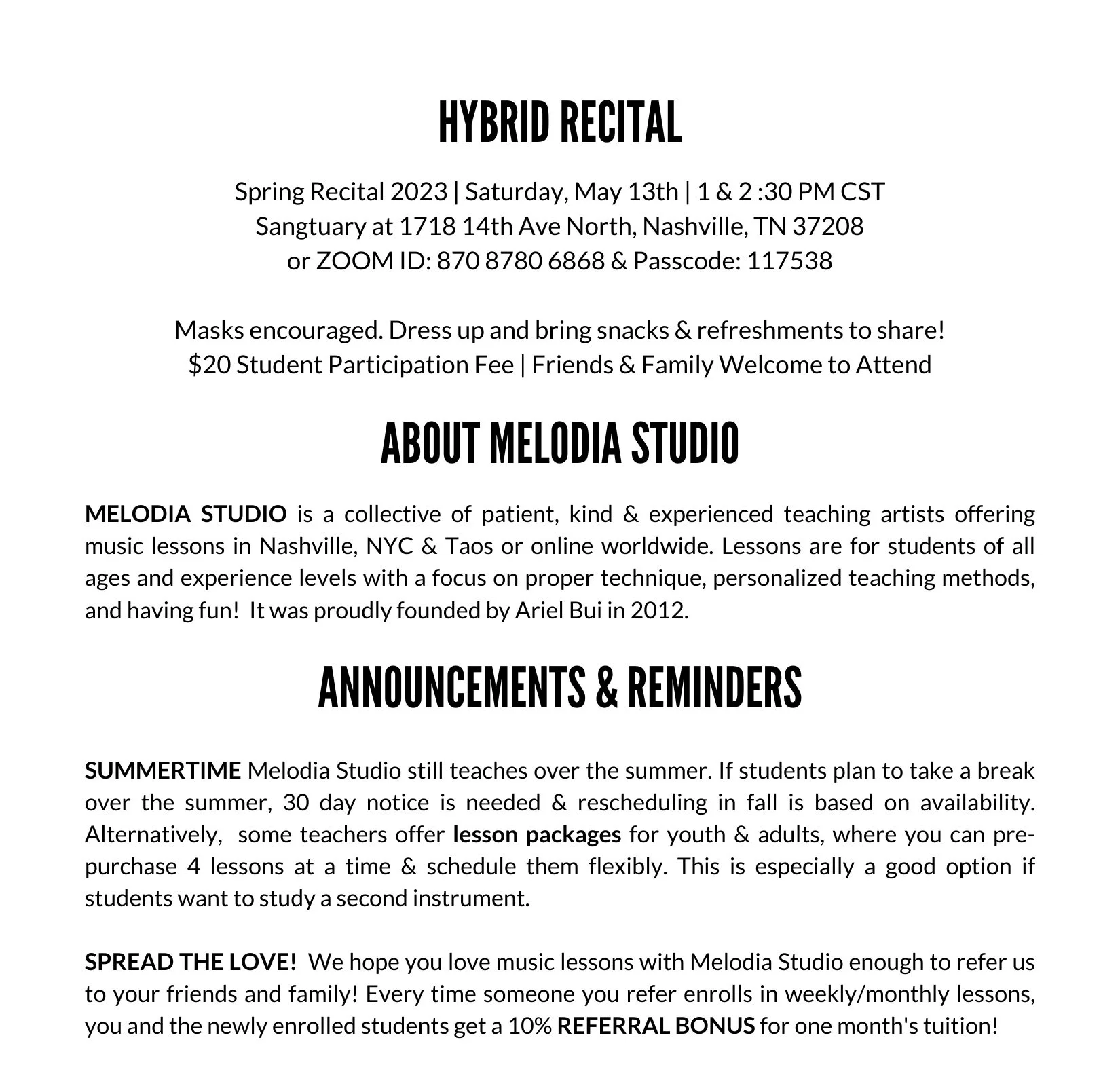 2023 Spring Recital Program — Melodia Studio