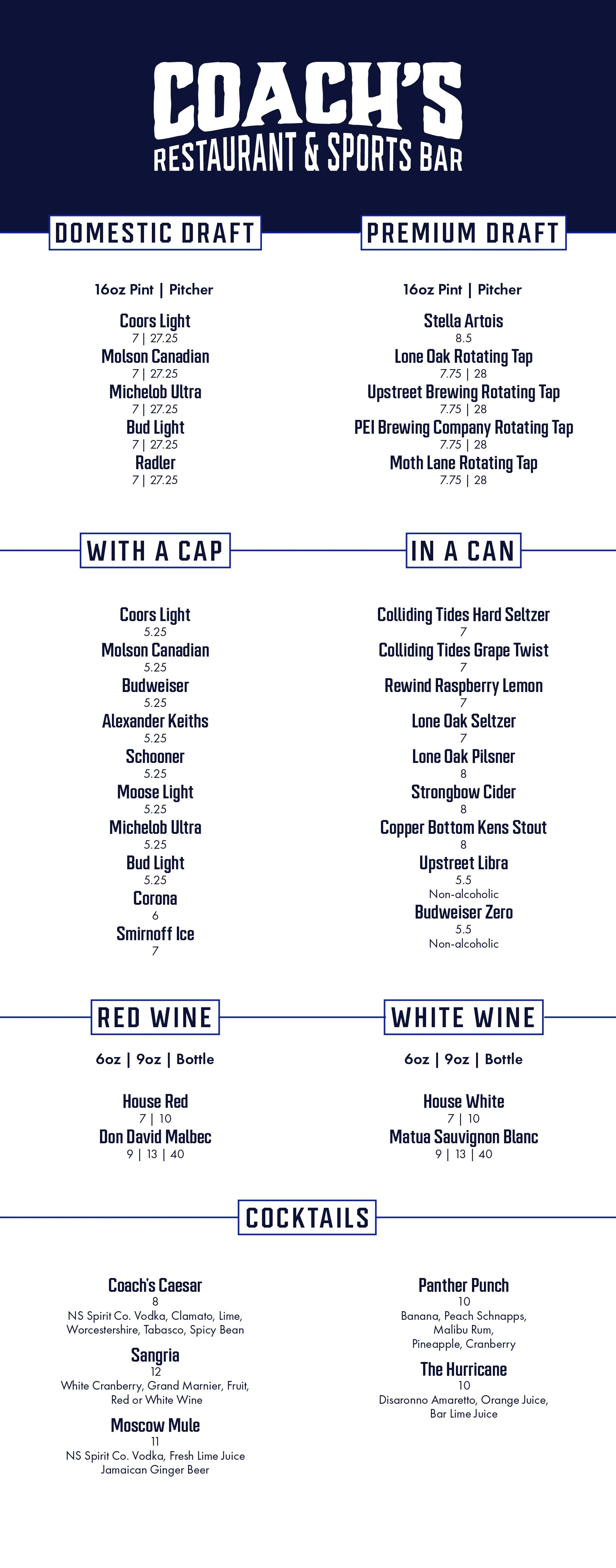 DRINK MENU — Coach's Restaurant & Sports Bar