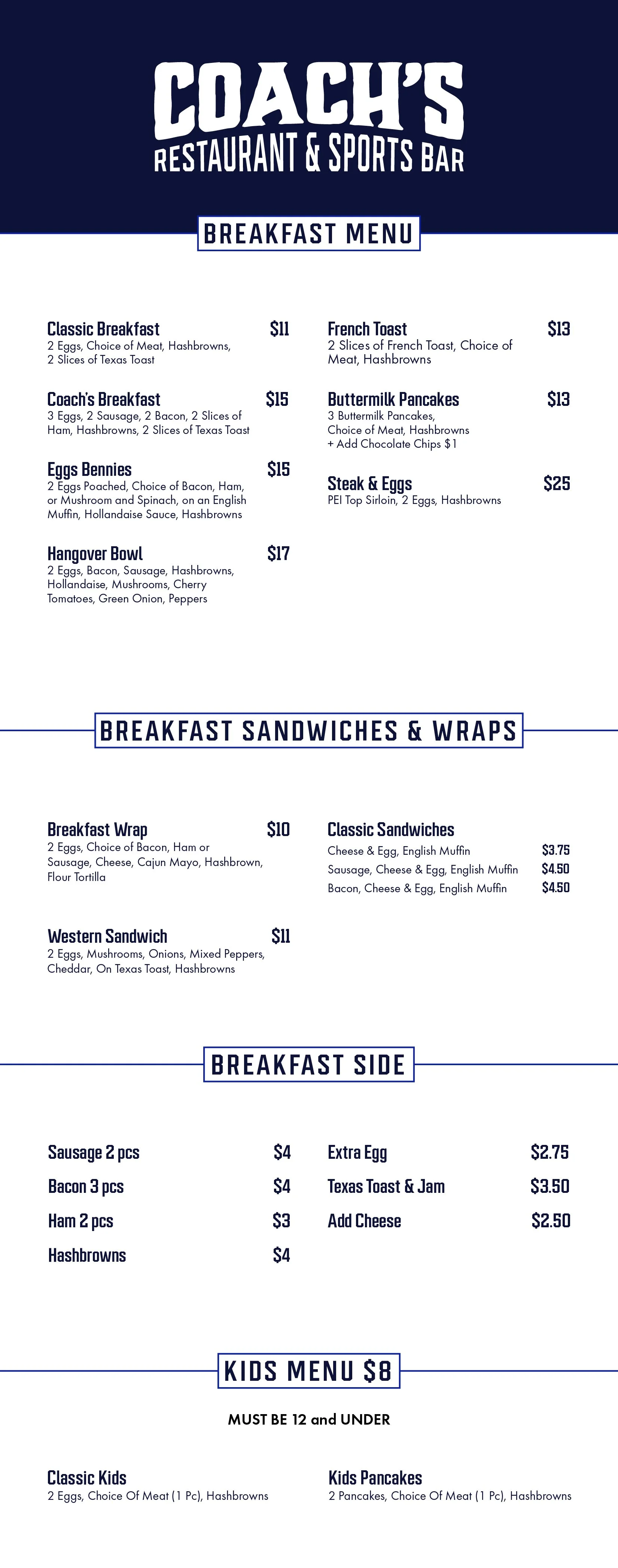BREAKFAST MENU — Coach's Restaurant & Sports Bar