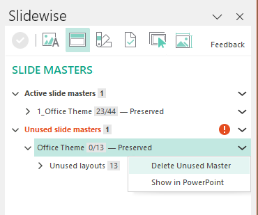 Find unused slide masters in PowerPoint with Slidewise