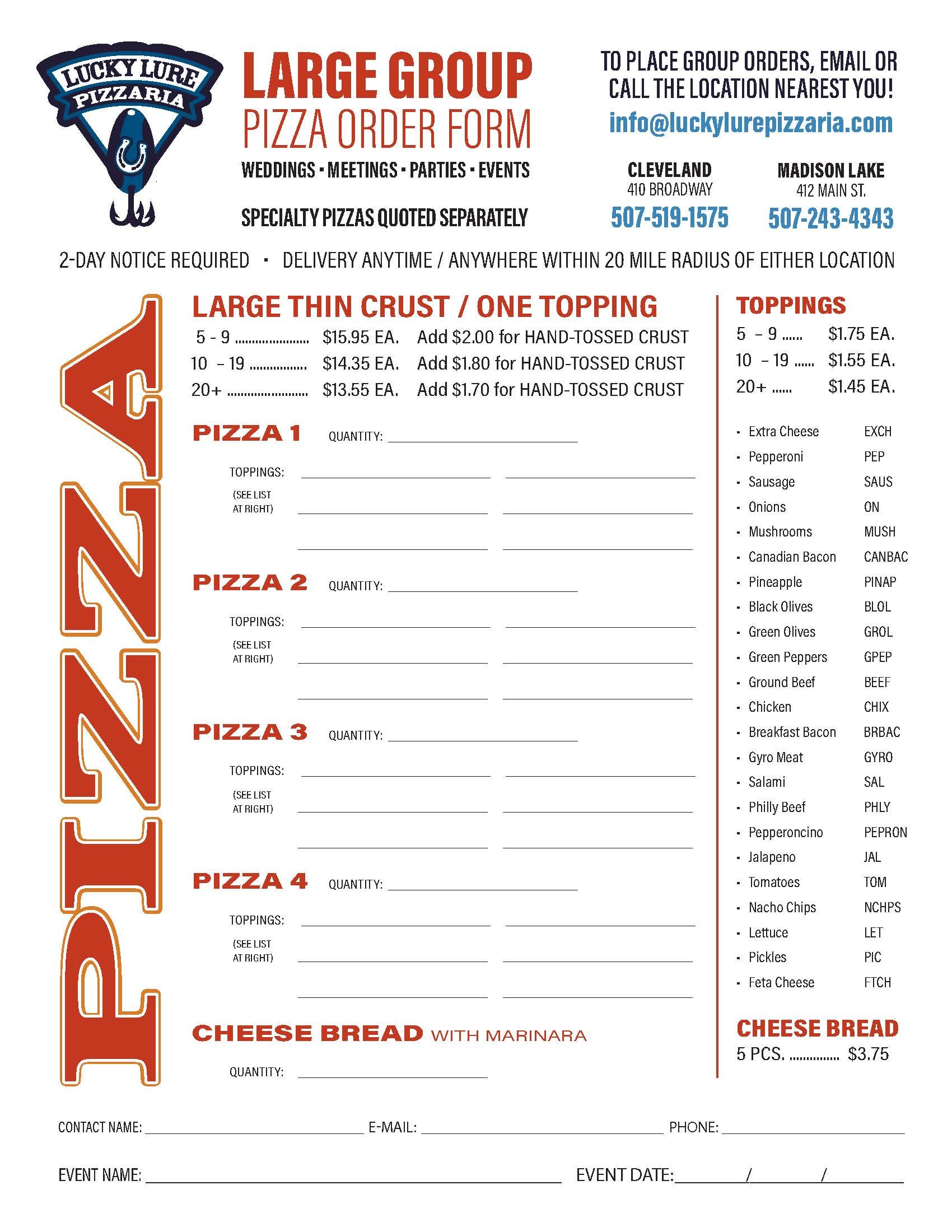 Large Group Orders — Lucky Lure Pizzaria