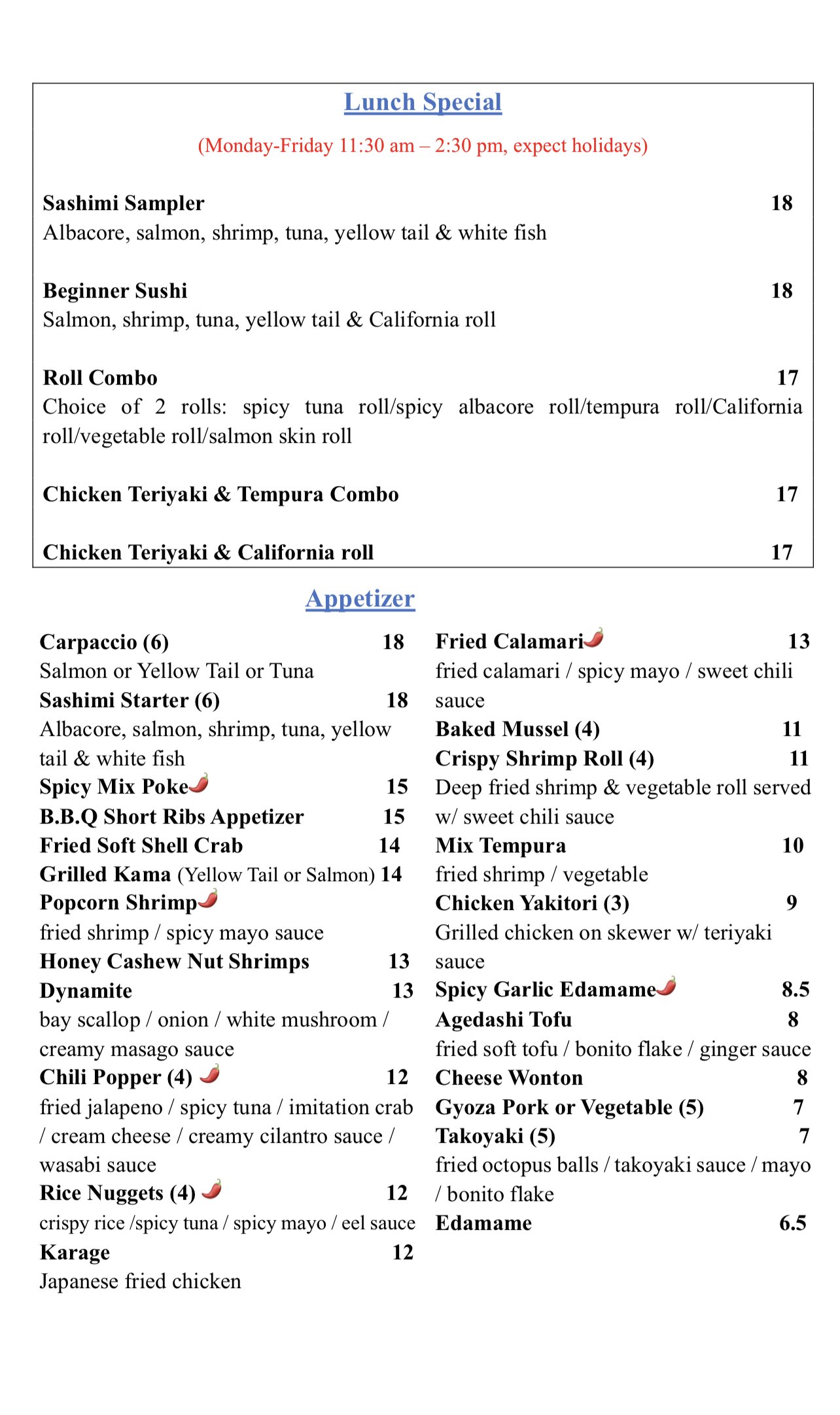 Menu — Sushi Bar 29