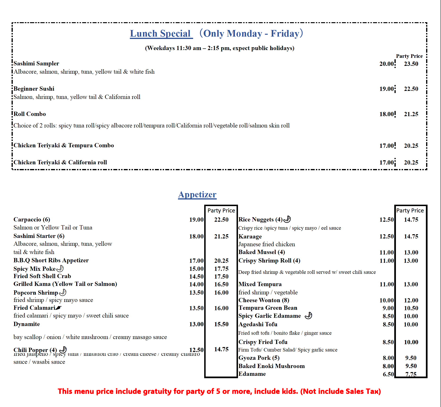Menu — Sushi Bar 29