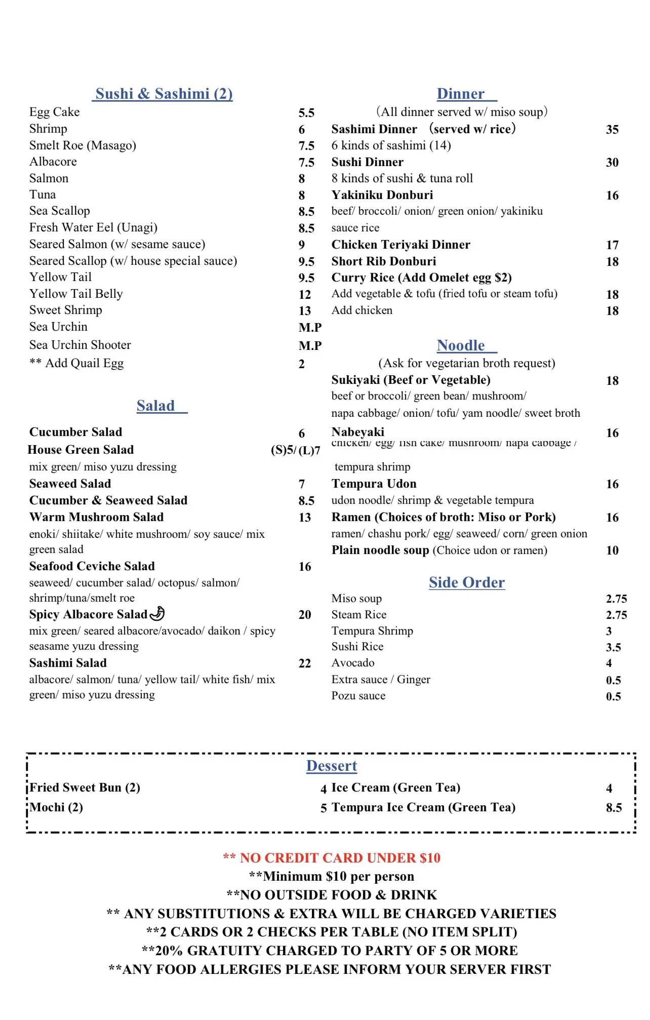 Menu — Sushi Bar 29