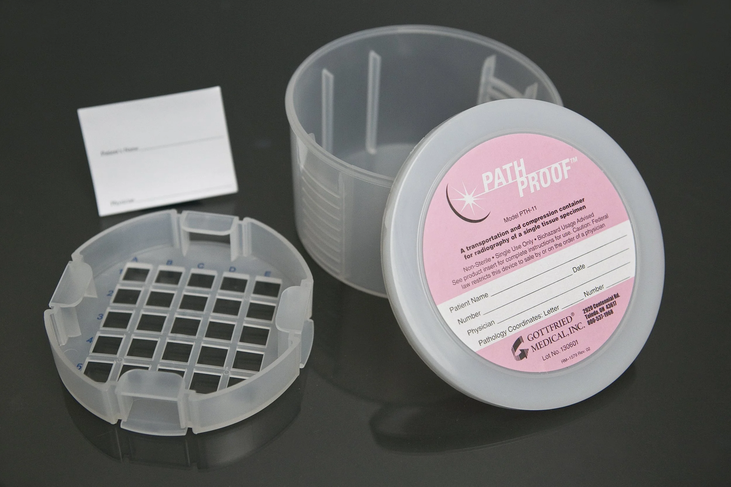 Breast biopsy container for Surgery, Radiology and Pathology.
