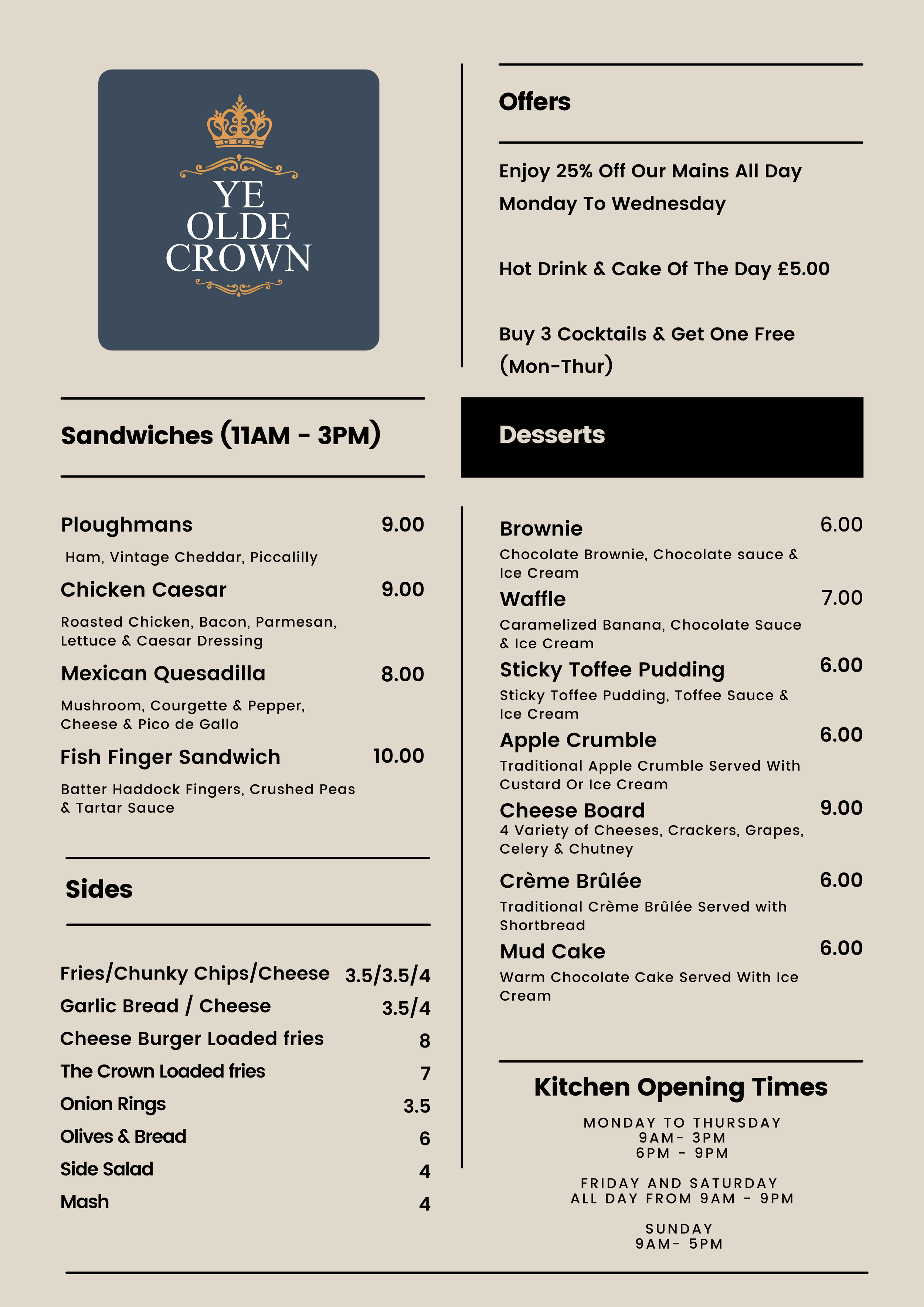 Food Menu — Ye Olde Crown