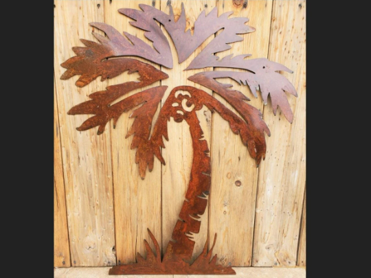 Iron Palm Tree Leaning — Rusted Desert Metal Art