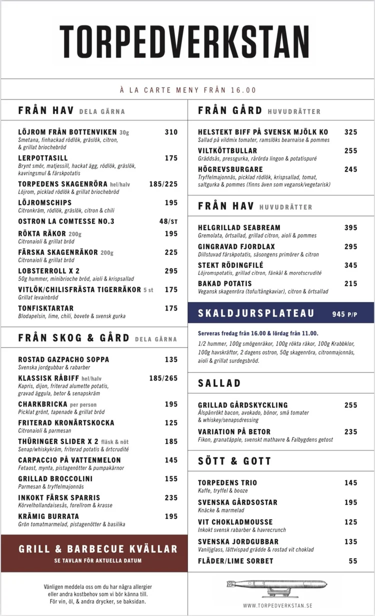 Menu 1 — Torpedverkstan Restaurant & Bar