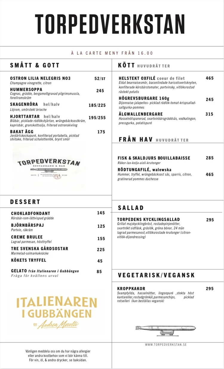 Menu 1 — Torpedverkstan Restaurant & Bar