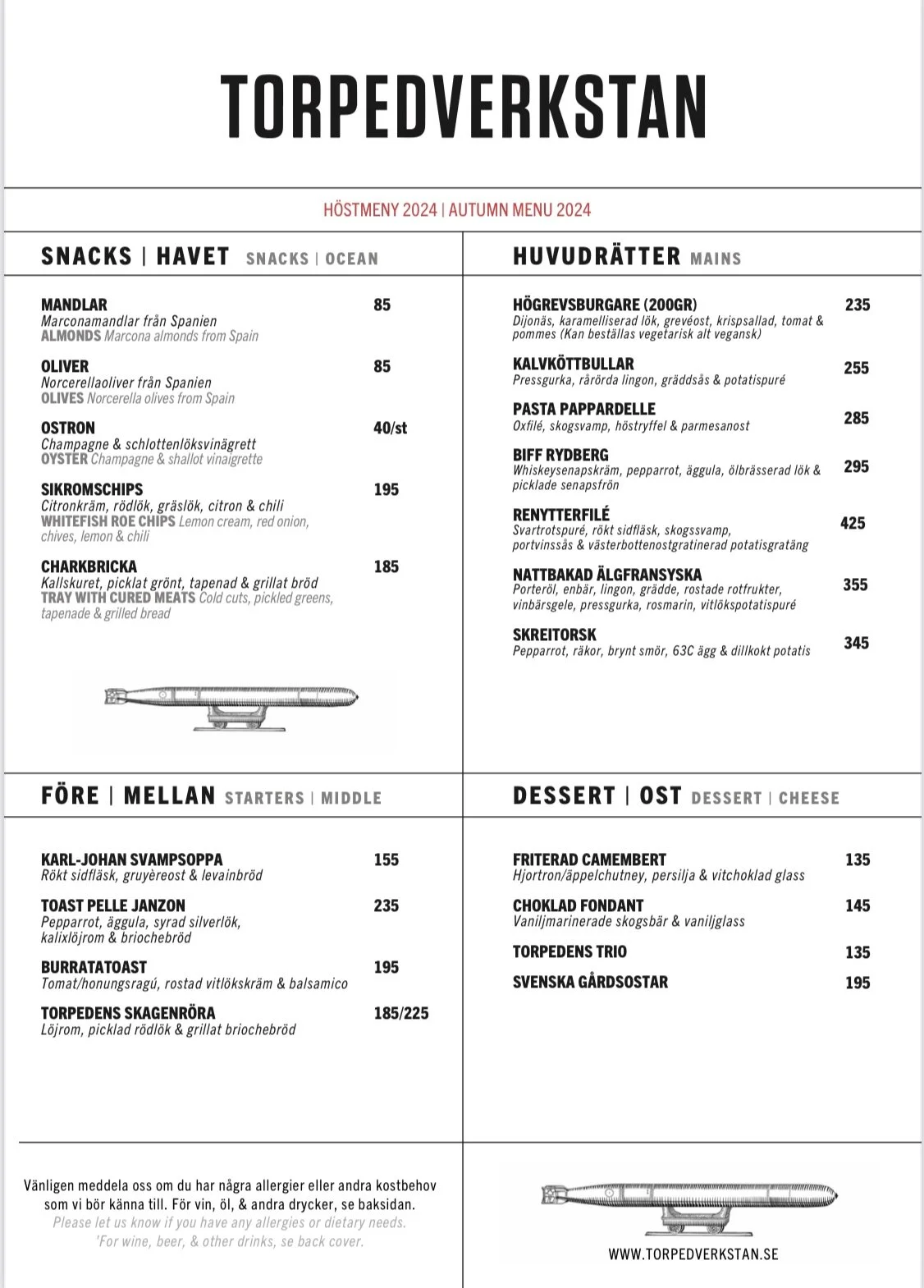 Menu 1 — Torpedverkstan Restaurant & Bar