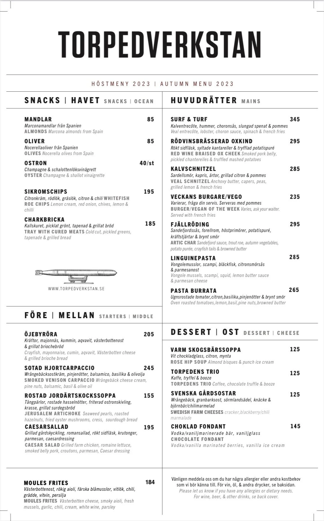 Menu 1 — Torpedverkstan Restaurant & Bar