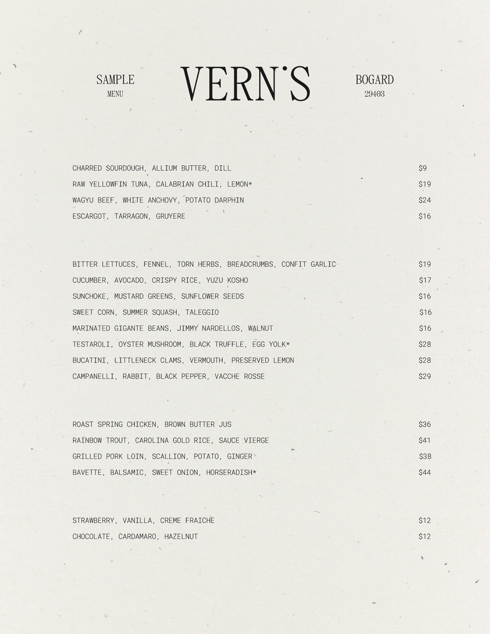 Sample Menu — Vern's