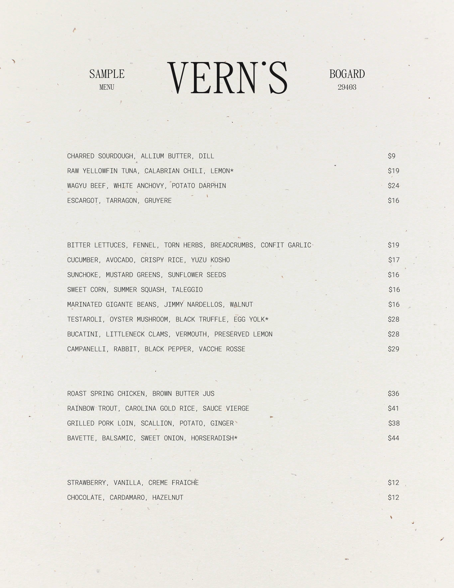 Sample Menu — Vern's