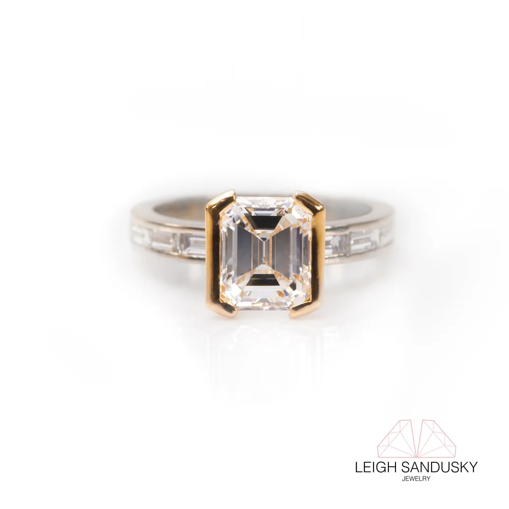 Emerald Cut Diamond Half Bezel Two Tone Engagement Ring — Leigh ...