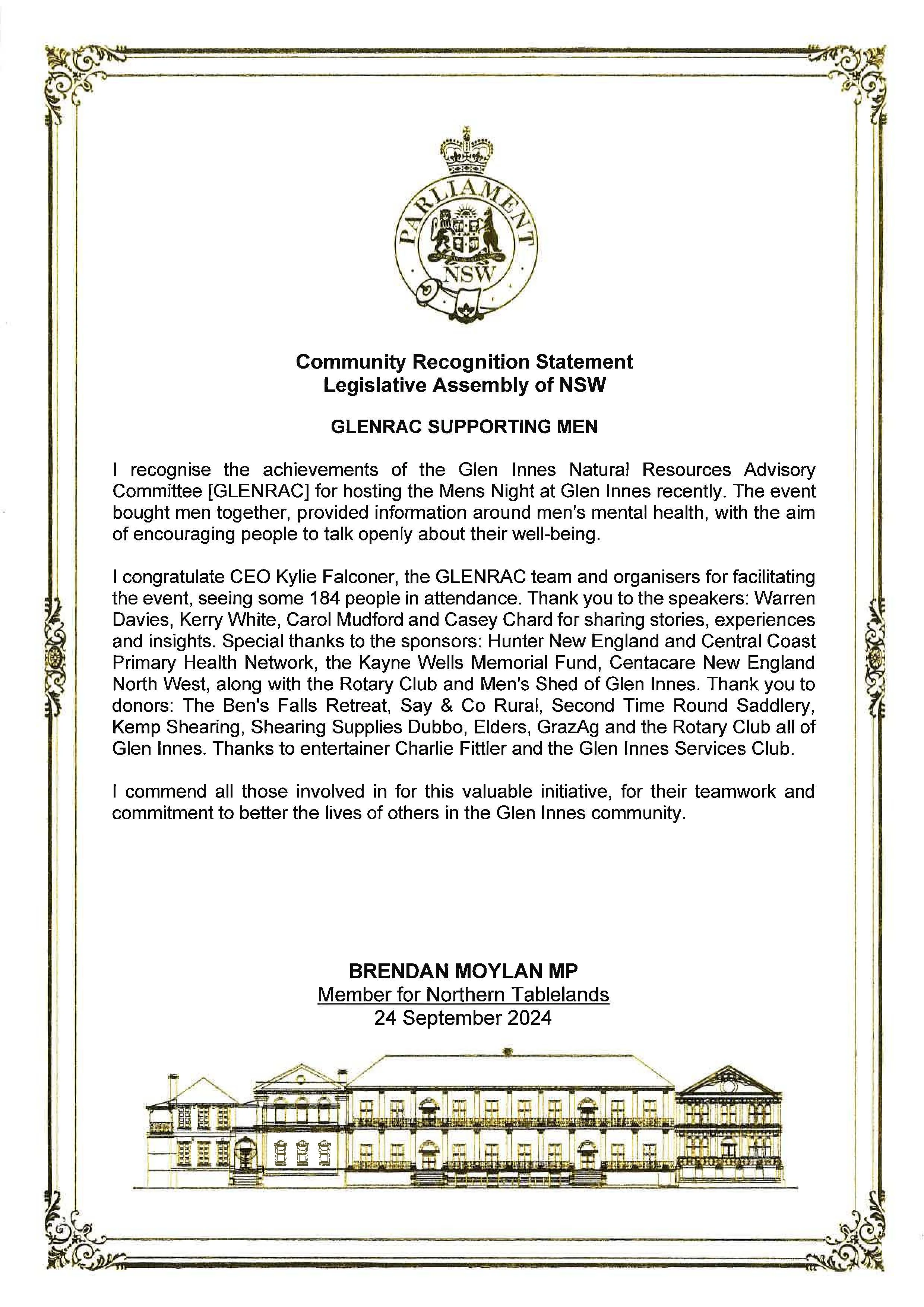 GLENRAC’s Men’s Night Community Recognition Statement presented to NSW ...