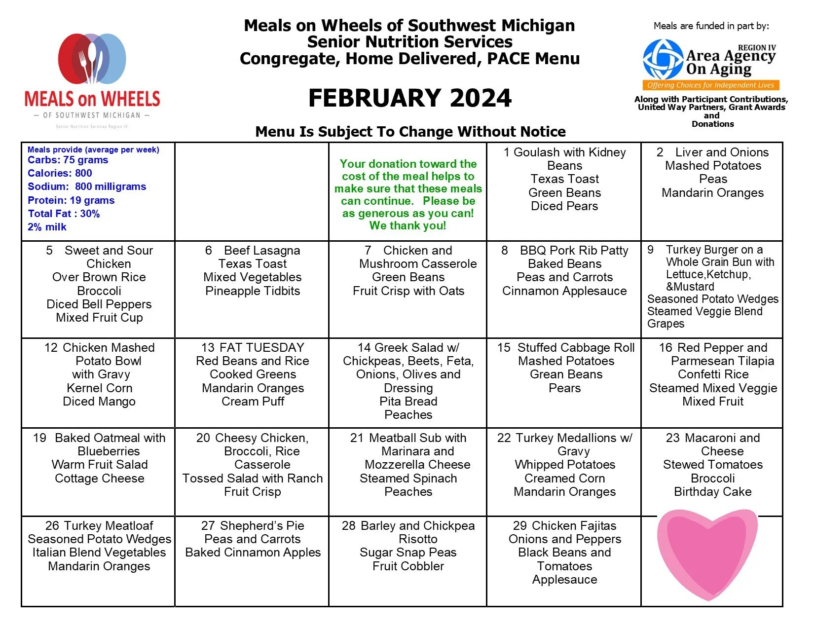 Monthly Menu — Meals on Wheels of Southwest Michigan