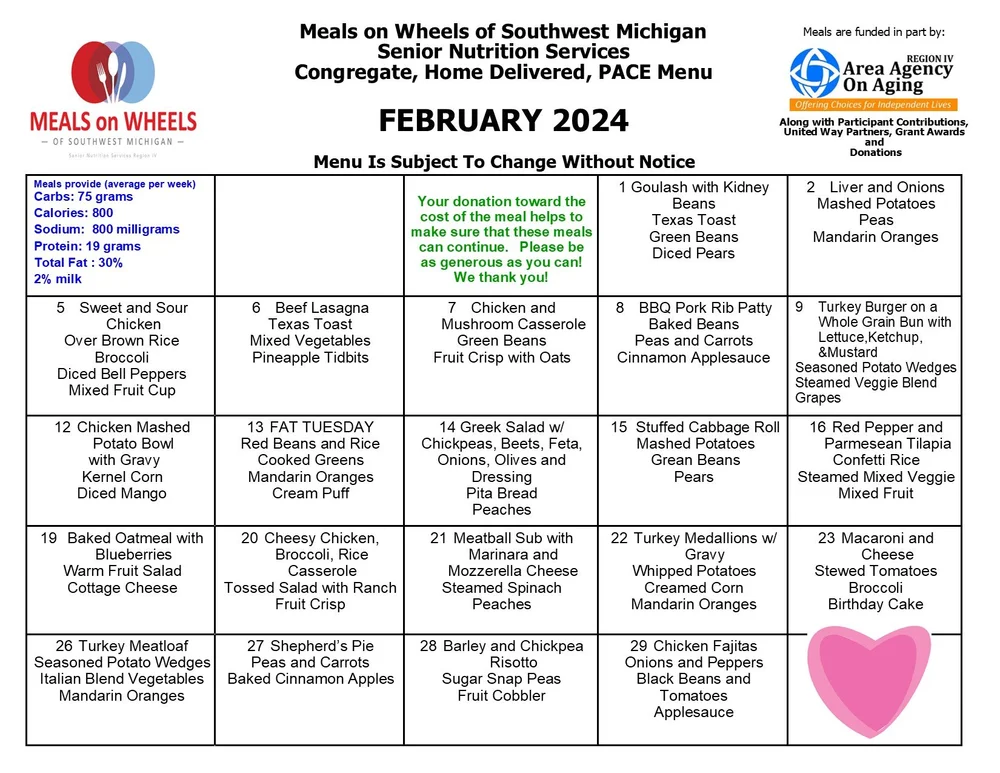 Monthly Menu — Meals on Wheels of Southwest Michigan