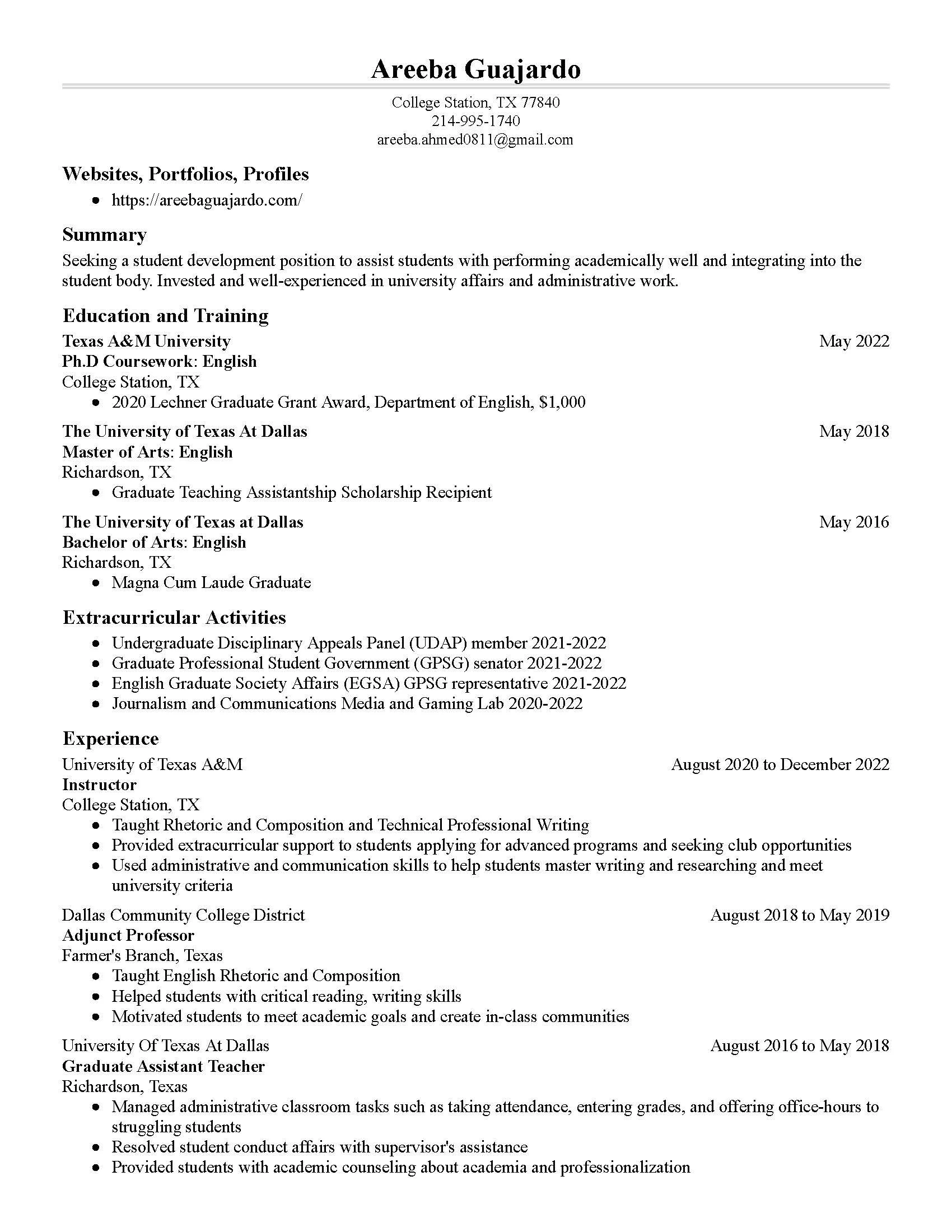 CV/Résumé — Areeba Guajardo