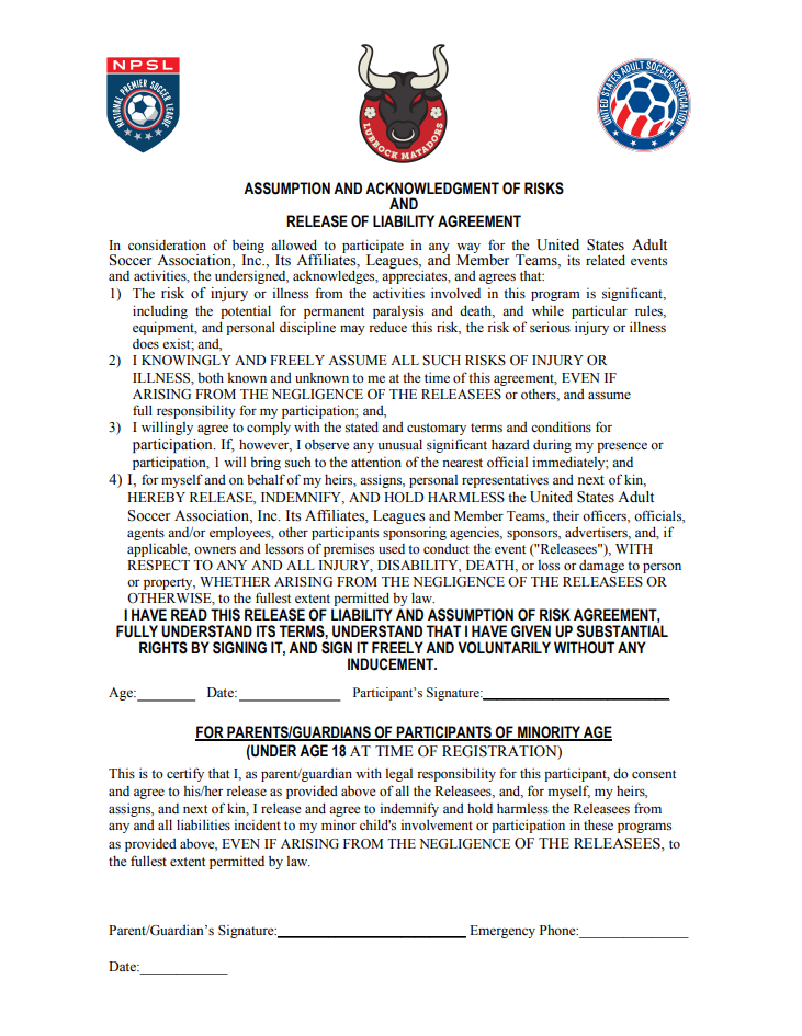 LMSC Camp Waiver Form — Lubbock Matadors SC