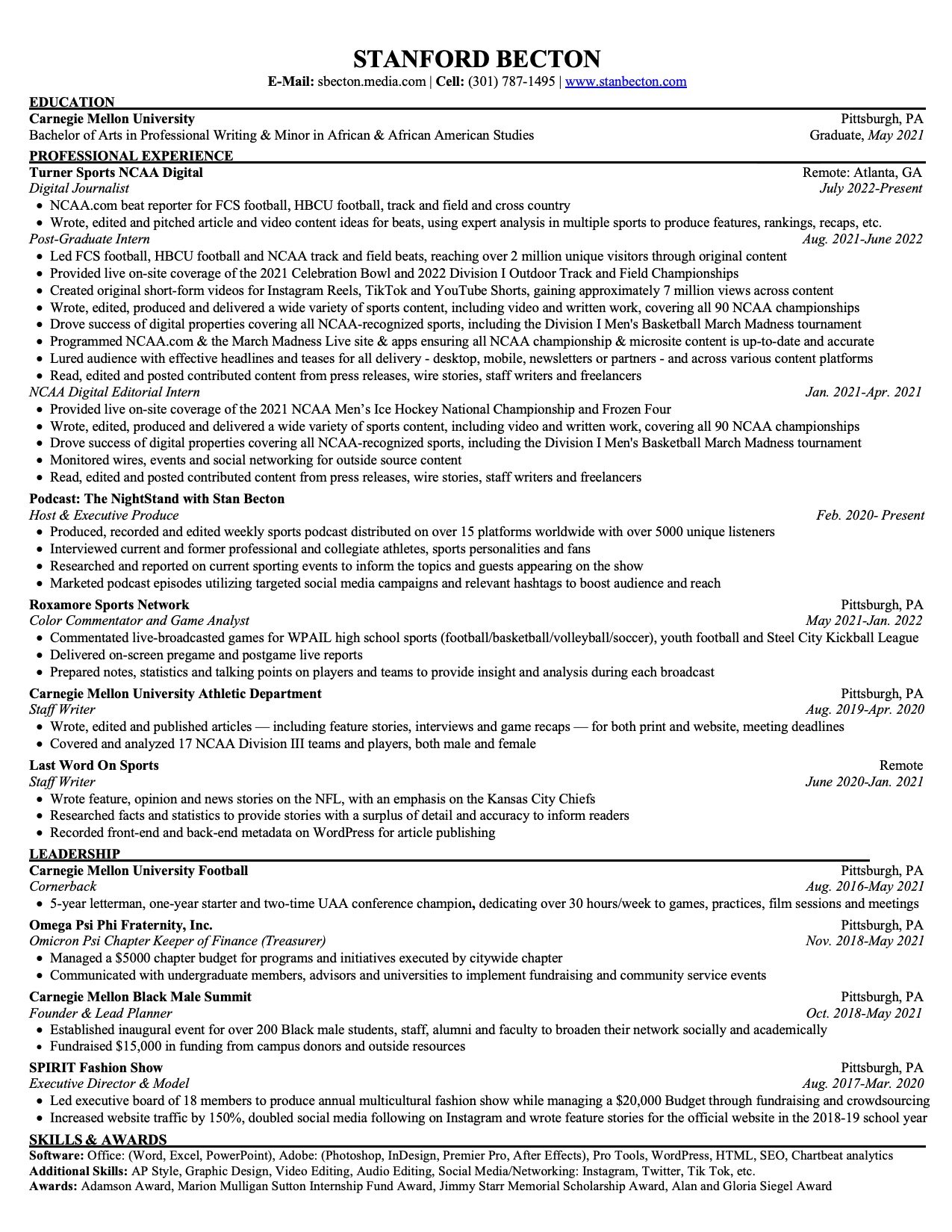 Resume — Stan Becton | Journalist