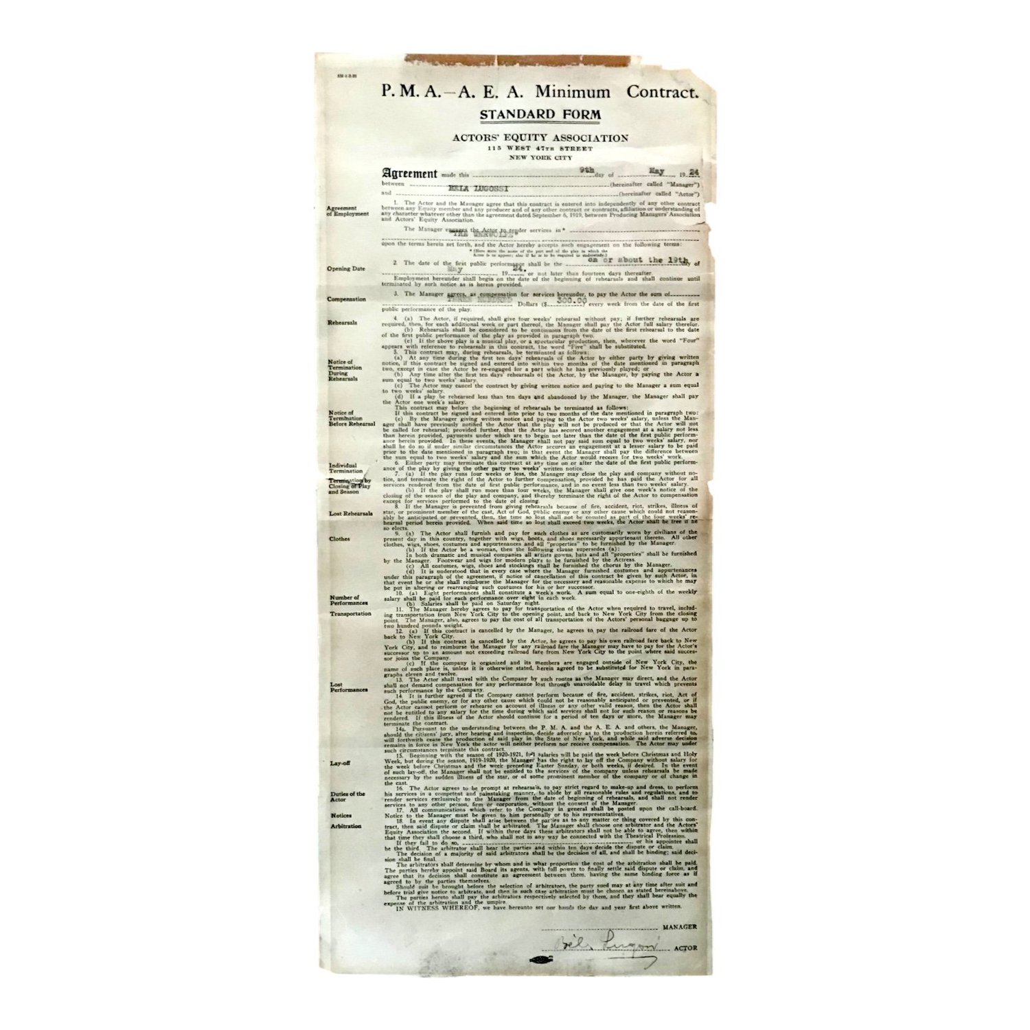 The 1924 Bela Lugosi Actors’ Equity Contract — When Early Documents ...
