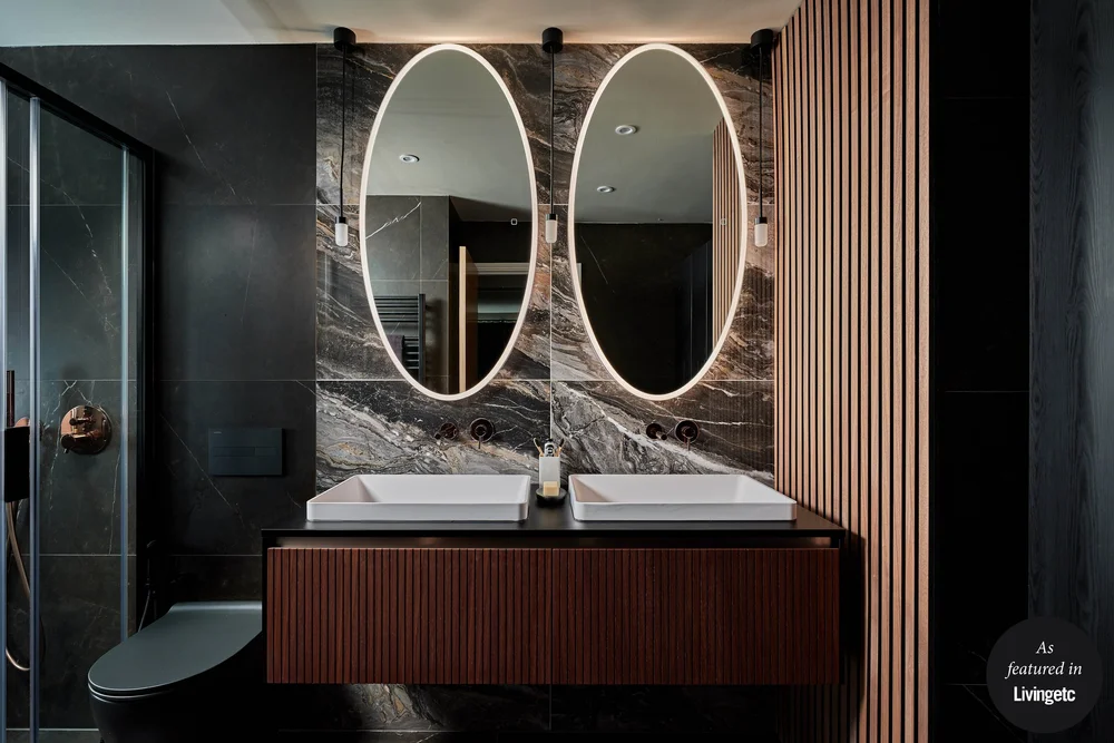 Bathroom Design: Dramatic Bathroom with Marble-Effect Tiles and Wooden ...