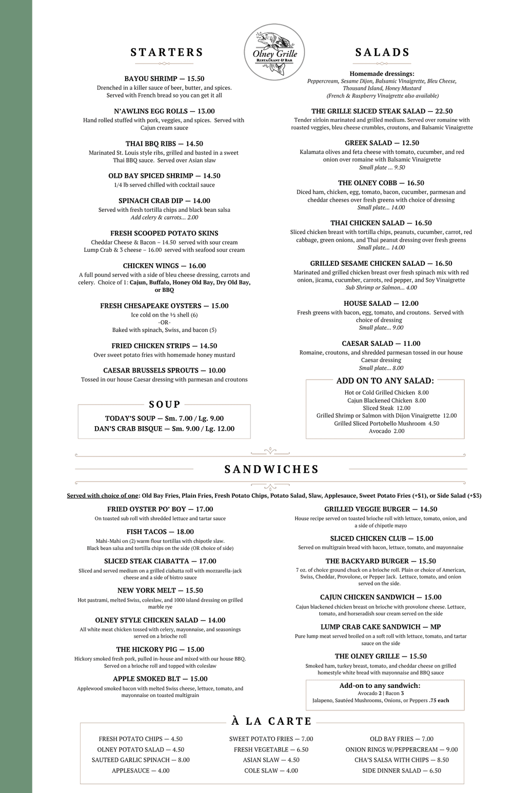 Lunch, Dinner & Dessert Menus — Olney Grille